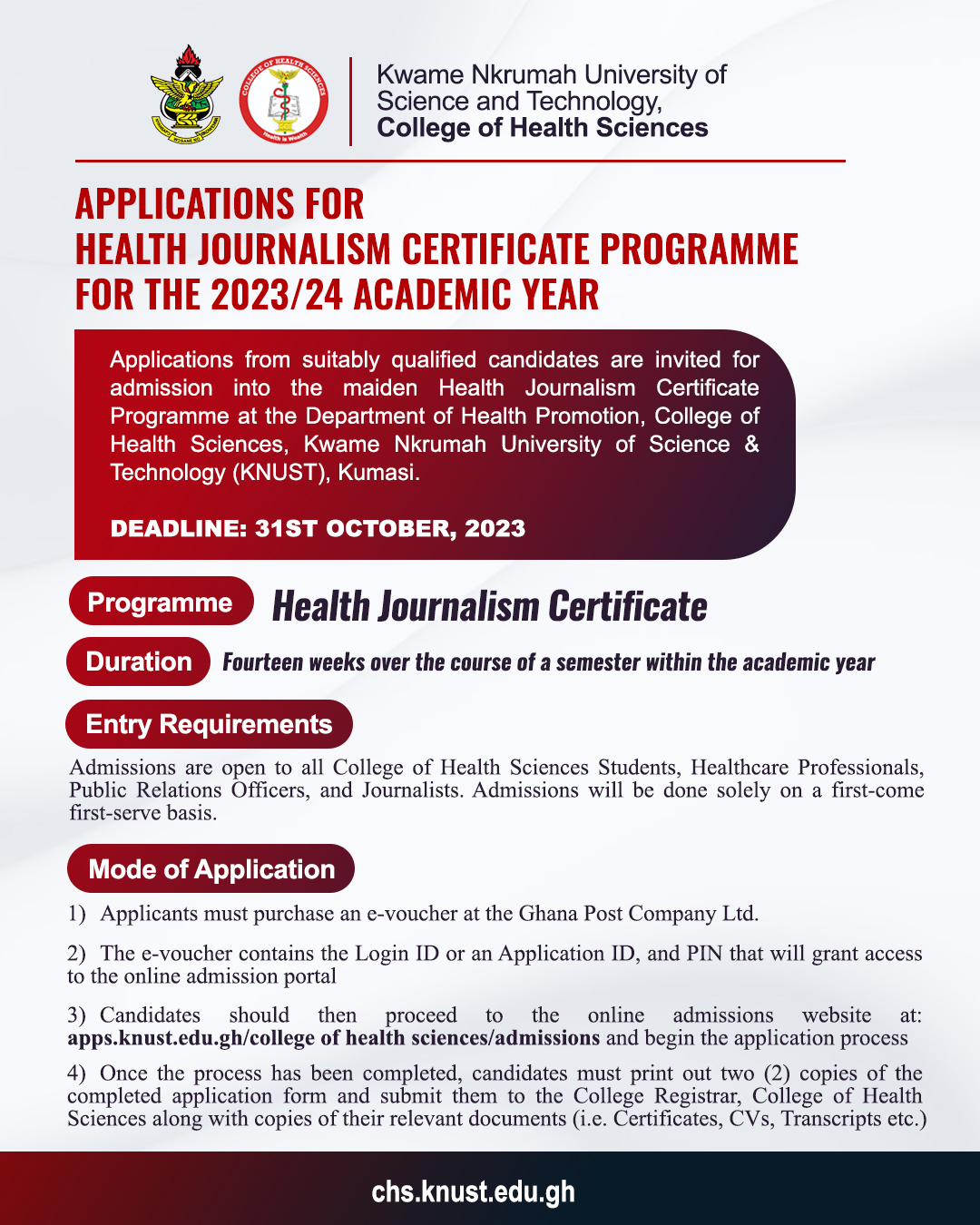 APPLICATIONS FOR THE HEALTH JOURNALISM CERTIFICATE PROGRAMME FOR THE ...